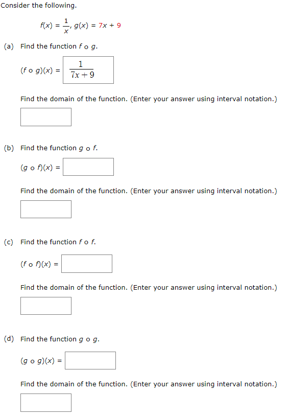Solved Consider the following. f(x)=x1,g(x)=7x+9 (a) Find | Chegg.com