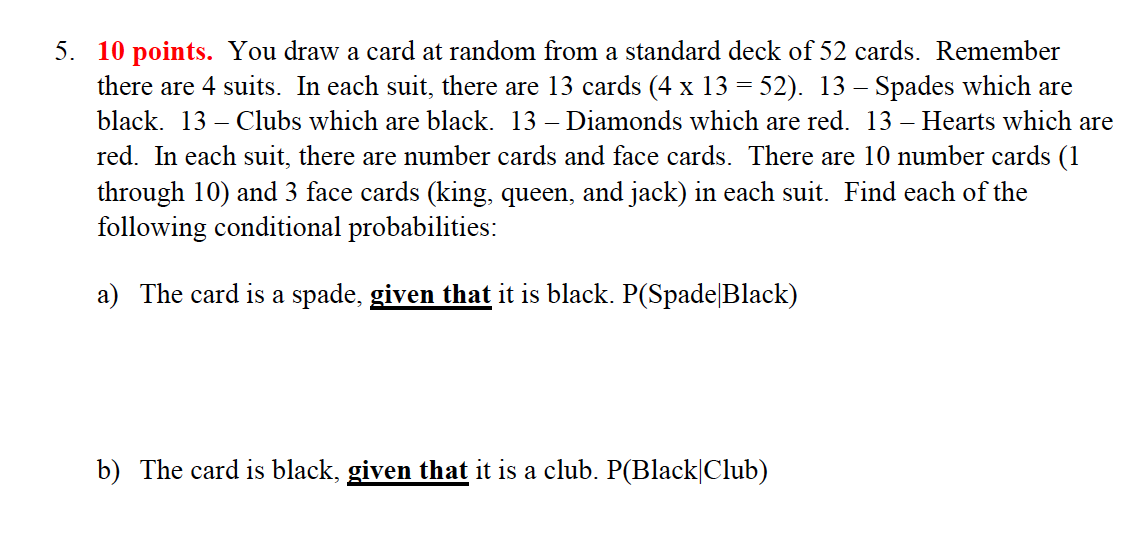 Solved 5. 10 points. You draw a card at random from a | Chegg.com