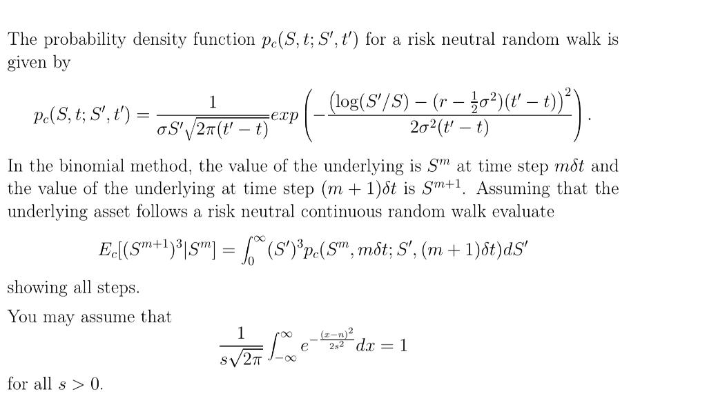 The probability density function pc(S,t;S′,t′) for a | Chegg.com