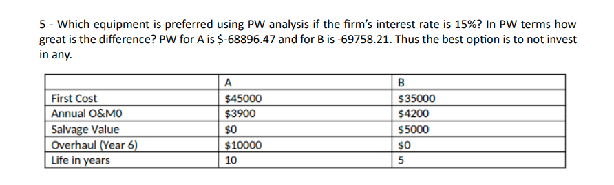 Solved 5 - Which equipment is preferred using PW analysis if | Chegg.com