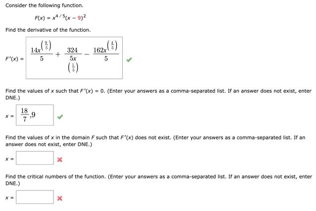 Solved Consider the following function. F(x)=x4/5(x−9)2 Find | Chegg.com