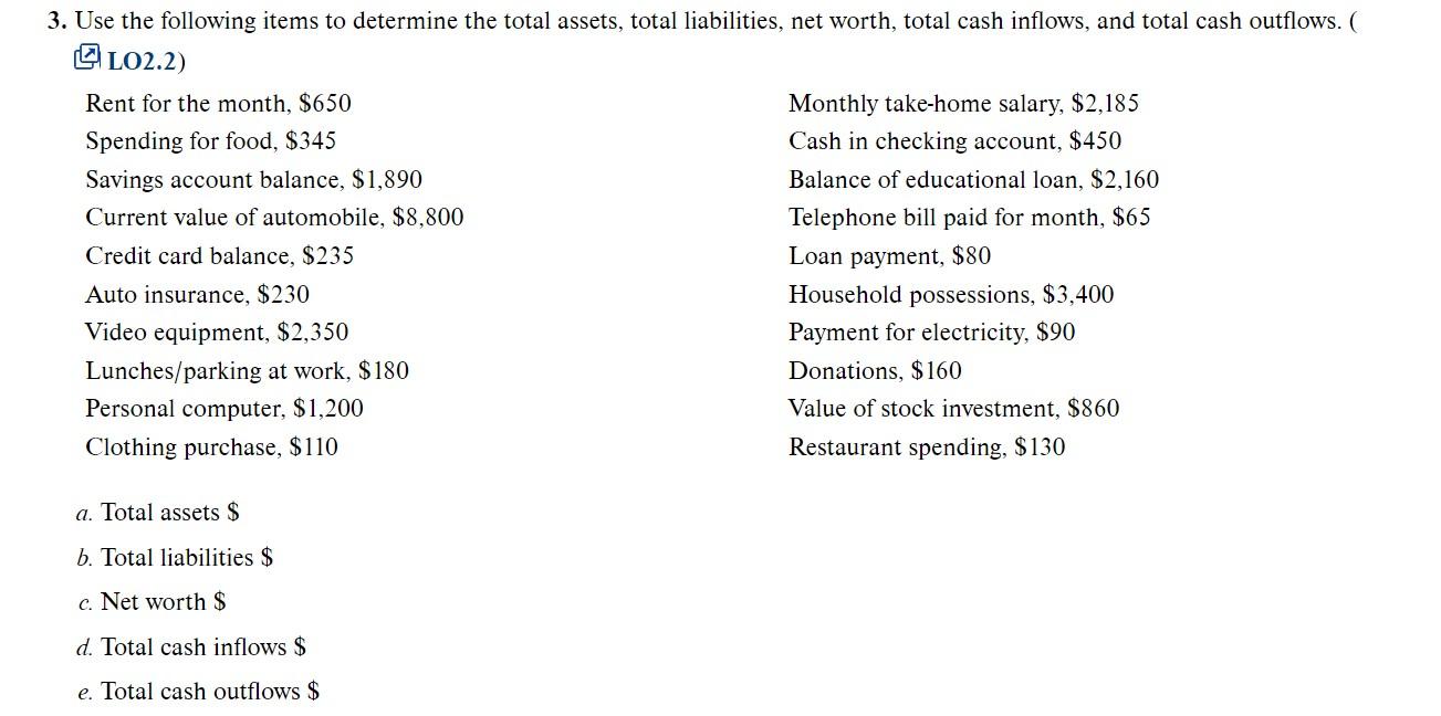 Solved 3. Use the following items to determine the total | Chegg.com