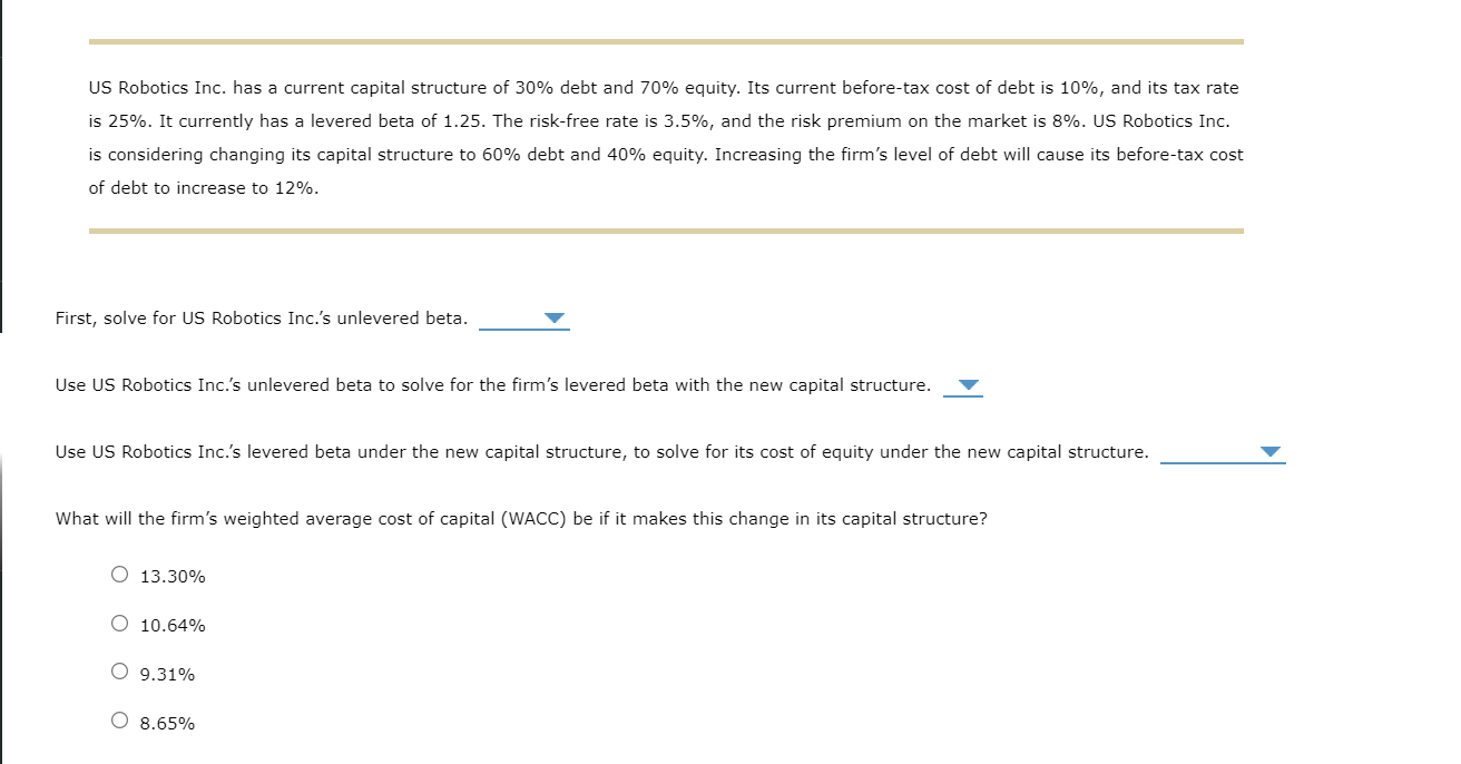Solved US Robotics Inc. has a current capital structure of | Chegg.com