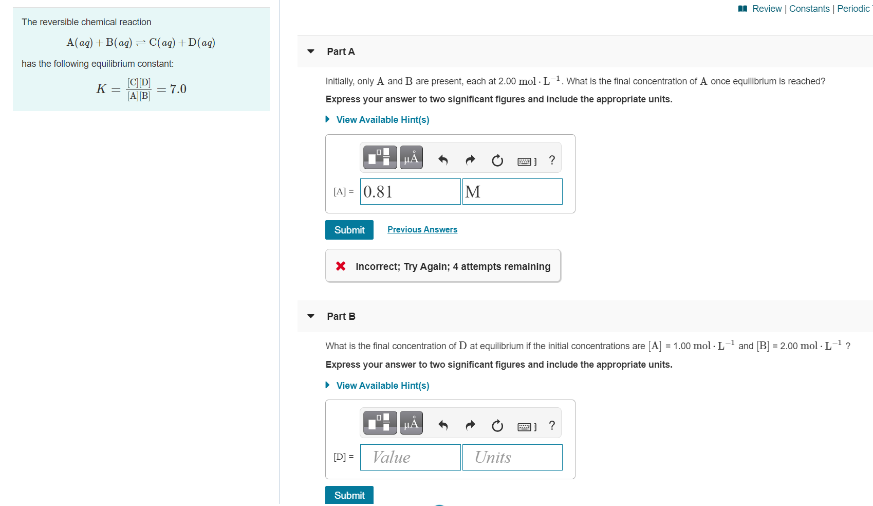 Solved MI Review Constants Periodic The reversible chemical | Chegg.com