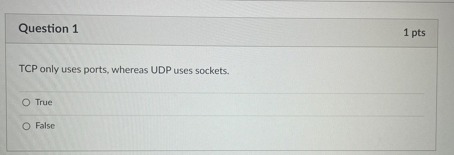Solved Question 1 1 pts TCP only uses ports, whereas UDP | Chegg.com
