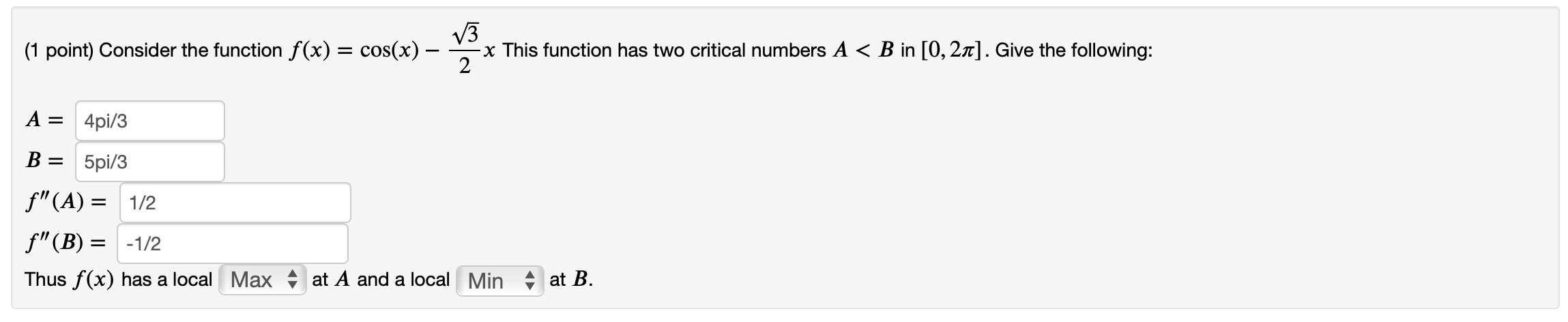 Solved V3 (1 point) Consider the function f(x) = cos(x) – = | Chegg.com
