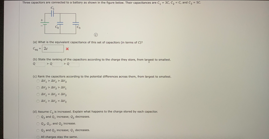 Solved Three capacitors are connected to a battery as shown | Chegg.com