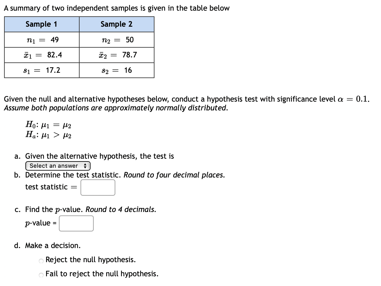 Solved A summary of two independent samples is given in the | Chegg.com