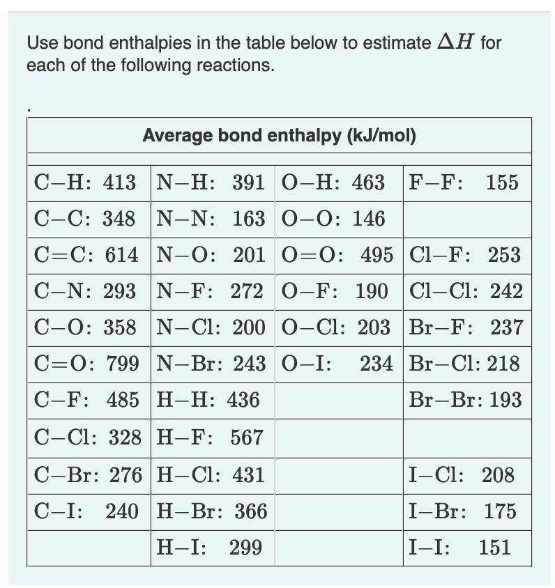 Solved Use bond enthalpies in the table below to estimate AH | Chegg.com