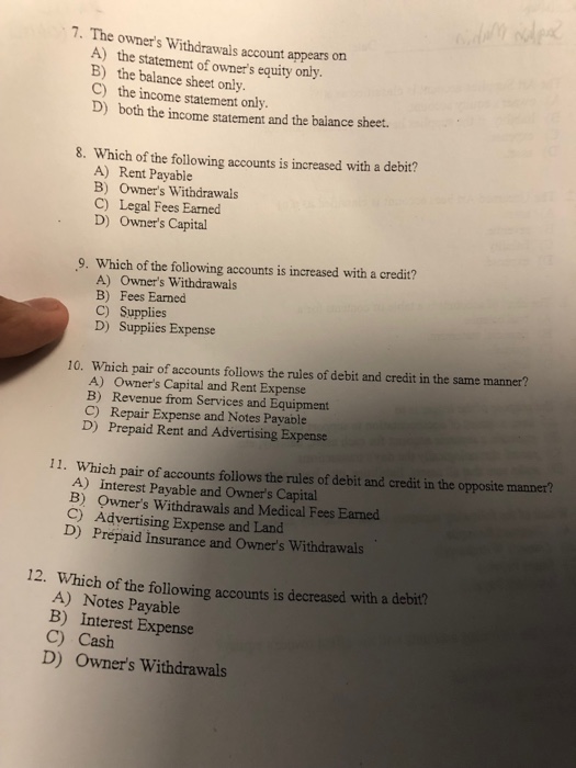 Solved 7. The owner's Withdrawals account appears on A) the | Chegg.com