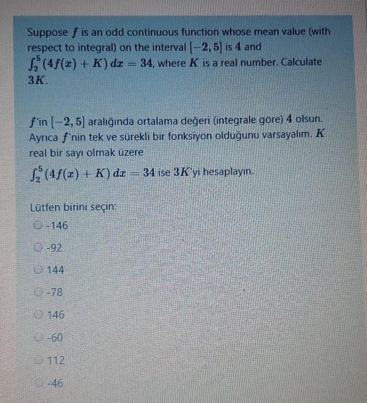 Solved Suppose f is an odd continuous function whose mean | Chegg.com