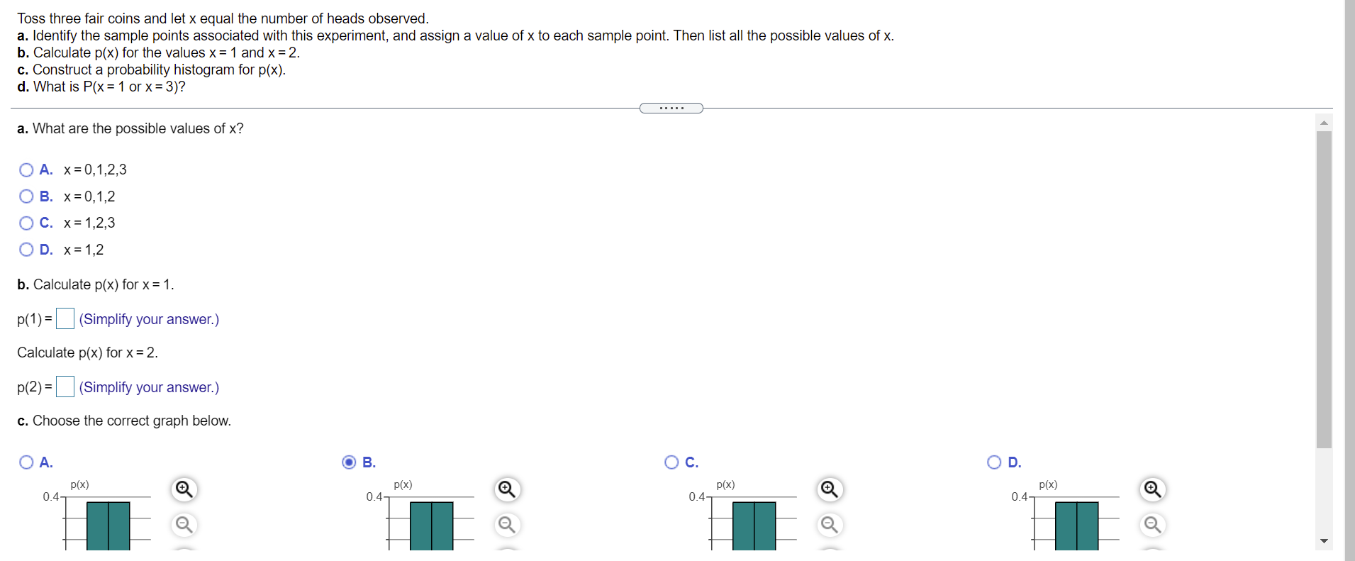 Solved Toss three fair coins and let x equal the number of | Chegg.com