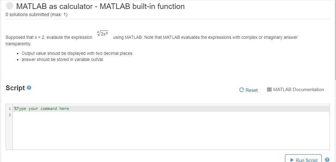 Solved Matlab As Calculator Matlab Built In Function O 1251