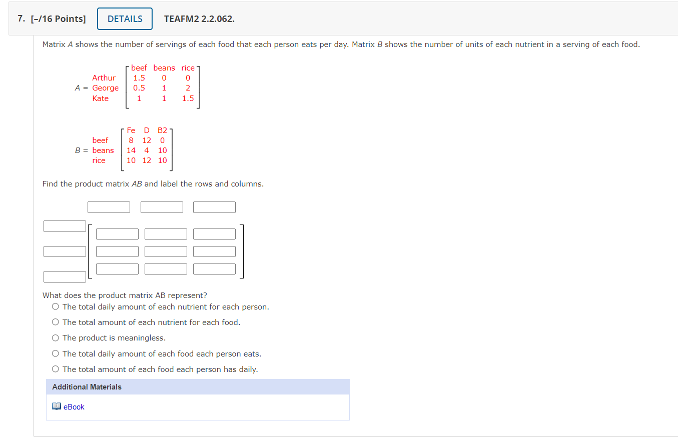 Solved Matrix A shows the number of servings of each food | Chegg.com
