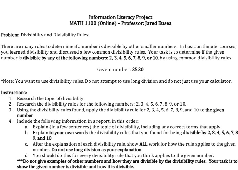 Solved Information Literacy Project MATH 1100 (Online) - | Chegg.com