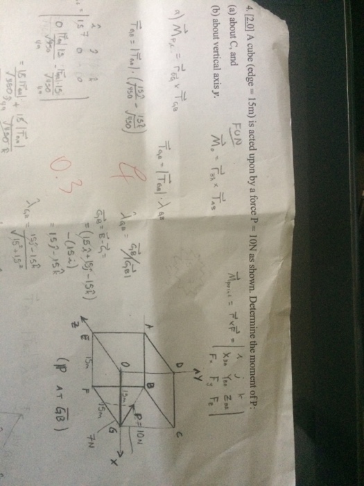 Solved 4. 12.0] A cube (edge 15m) is acted upon by a force | Chegg.com