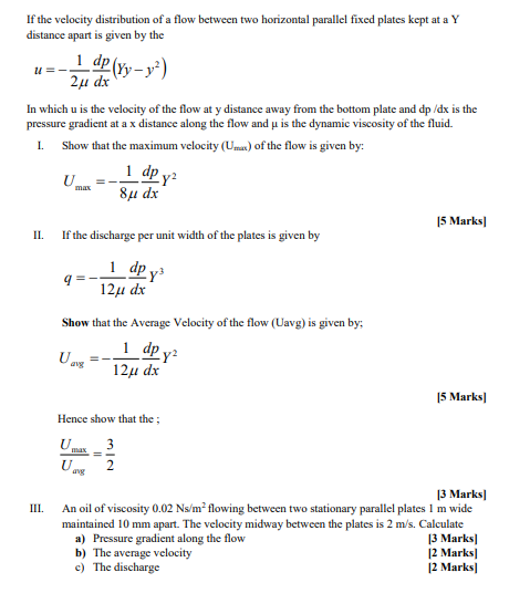 Solved If the velocity distribution of a flow between two | Chegg.com