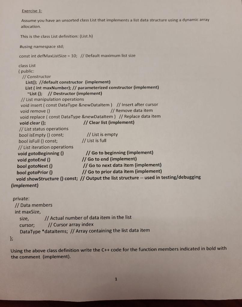 Solved Exercise 1: Assume you have an unsorted class List | Chegg.com