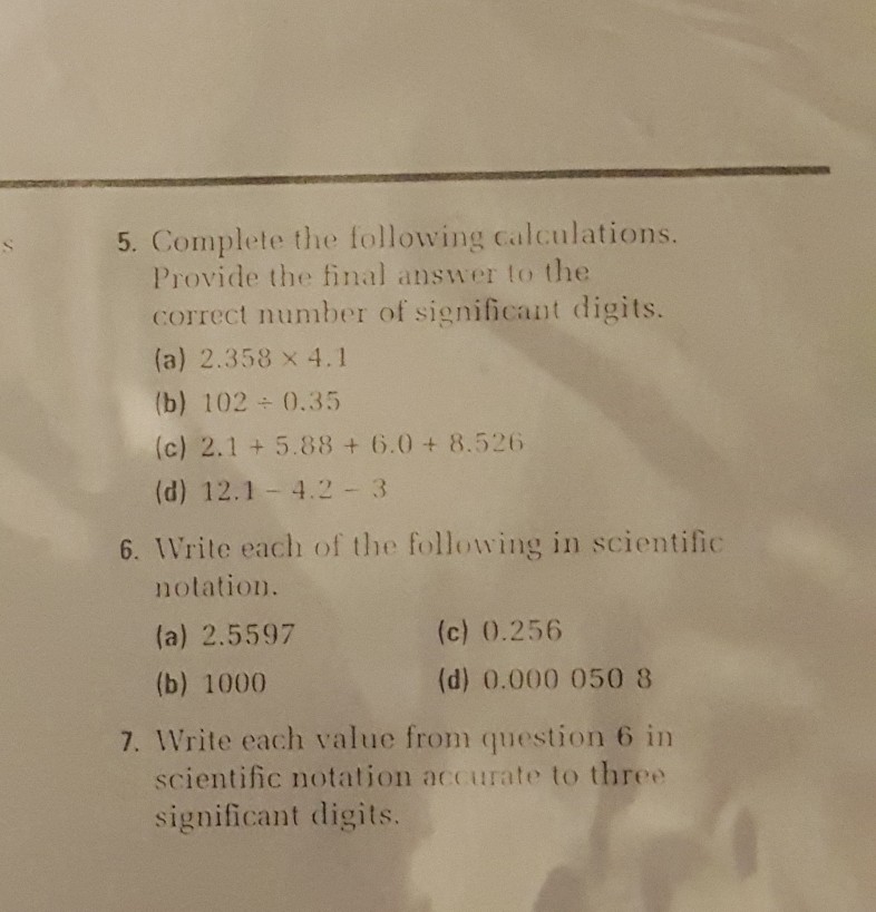 Solved 5. Complete the following calculations. Provide the | Chegg.com