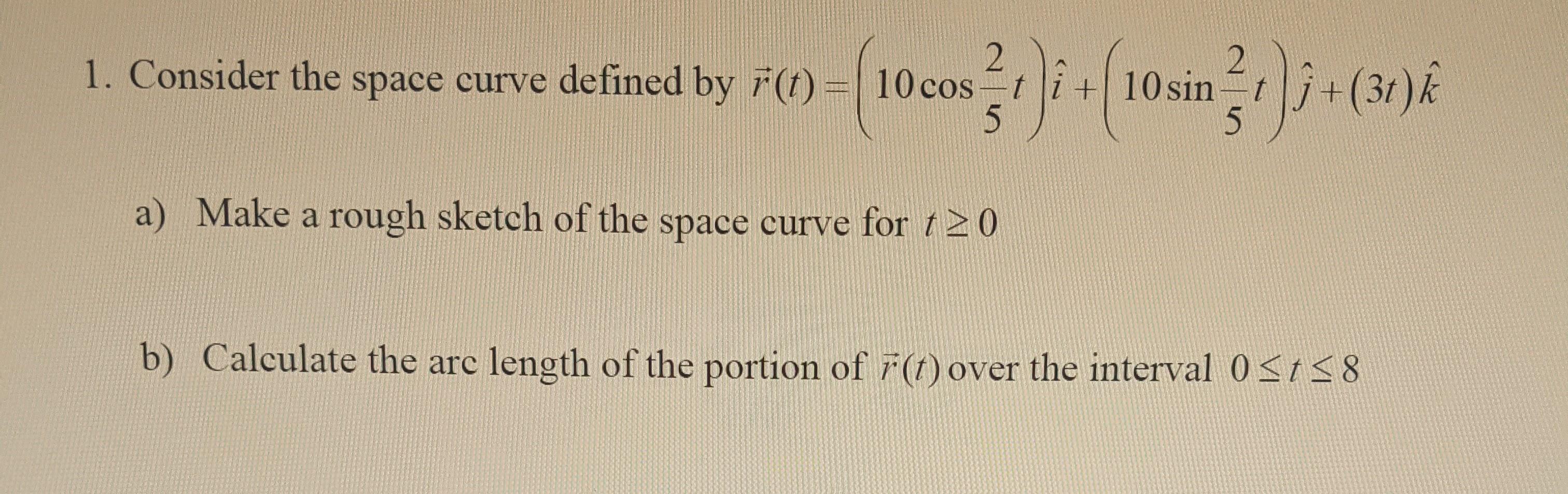 Solved 1. Consider the space curve defined by r(t) = 10 cos | Chegg.com