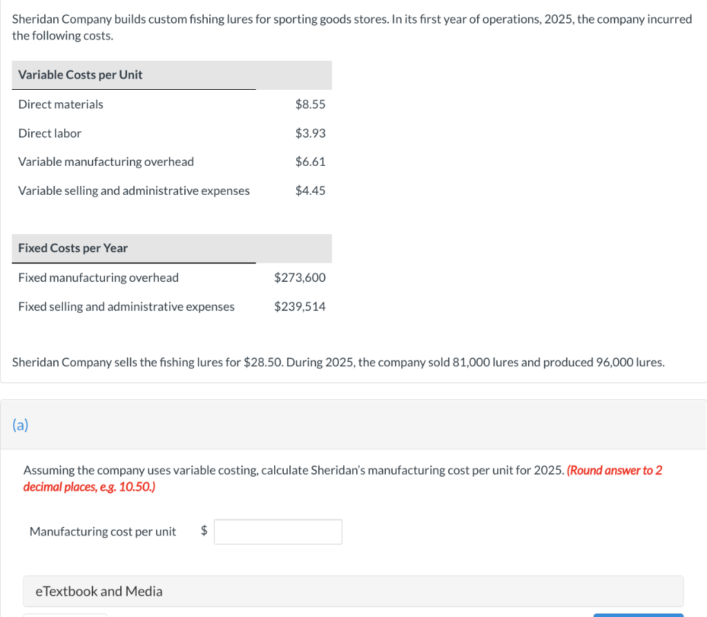 Solved Sheridan Company builds custom fishing lures for | Chegg.com