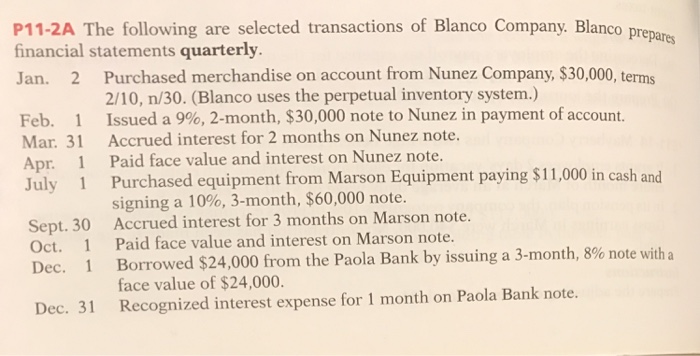 Solved P11-2A The following are selected transactions of | Chegg.com