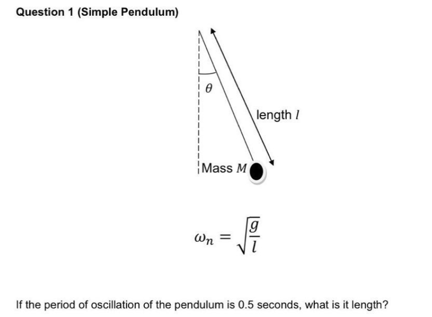 Solved Question 1 (Simple Pendulum) Ꮎ length 1 Mass M Wn = = | Chegg.com
