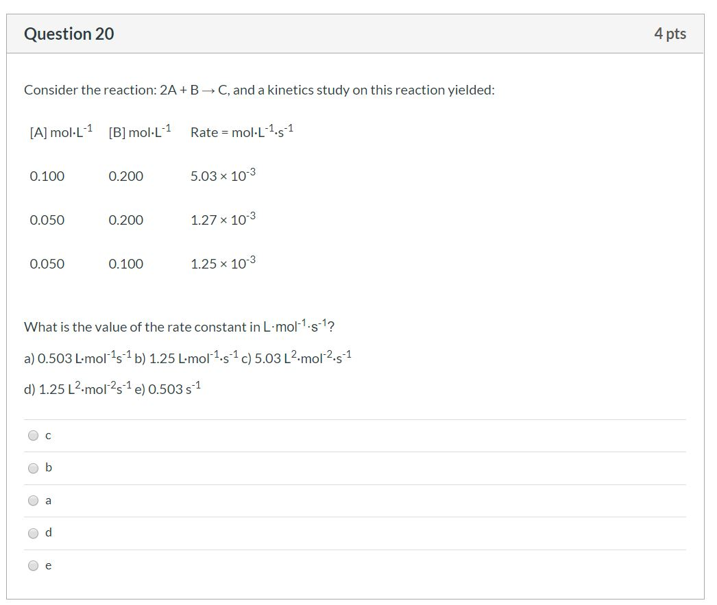 Solved Question 20 4 pts Consider the reaction: 2A + B C, | Chegg.com