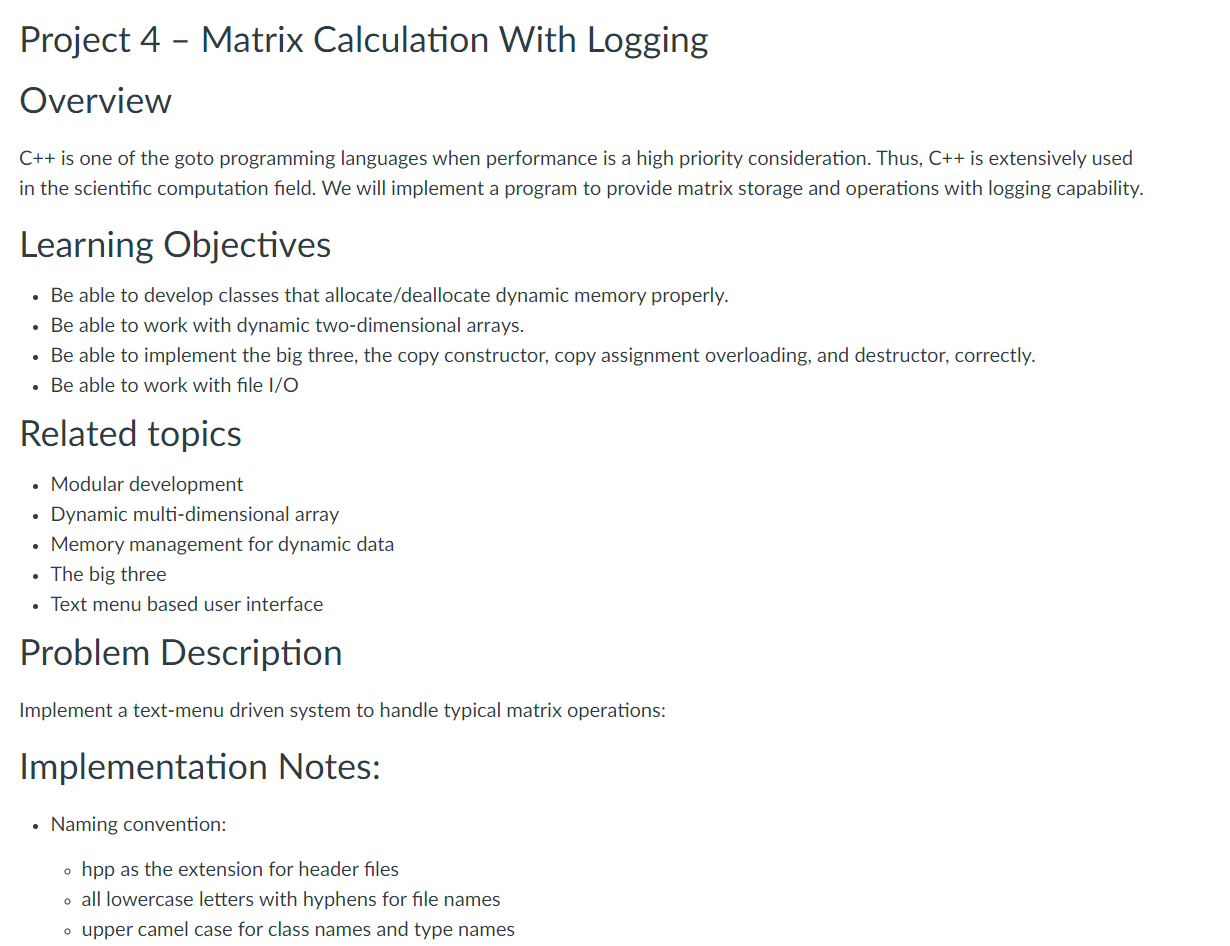 Solved Project 4 - Matrix Calculation With Logging Overview | Chegg.com