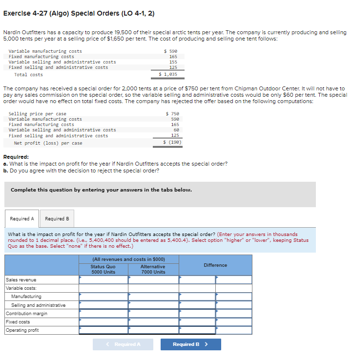 Solved Exerclse 4-27 (Algo) Speclal Orders (LO 4-1, 2) | Chegg.com Solved Exerclse 4-27 (Algo) Speclal Orders (LO 4-1, 2) | Chegg.com
