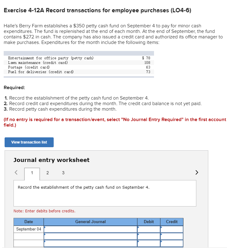 Solved Exercise 4-12A Record transactions for employee | Chegg.com