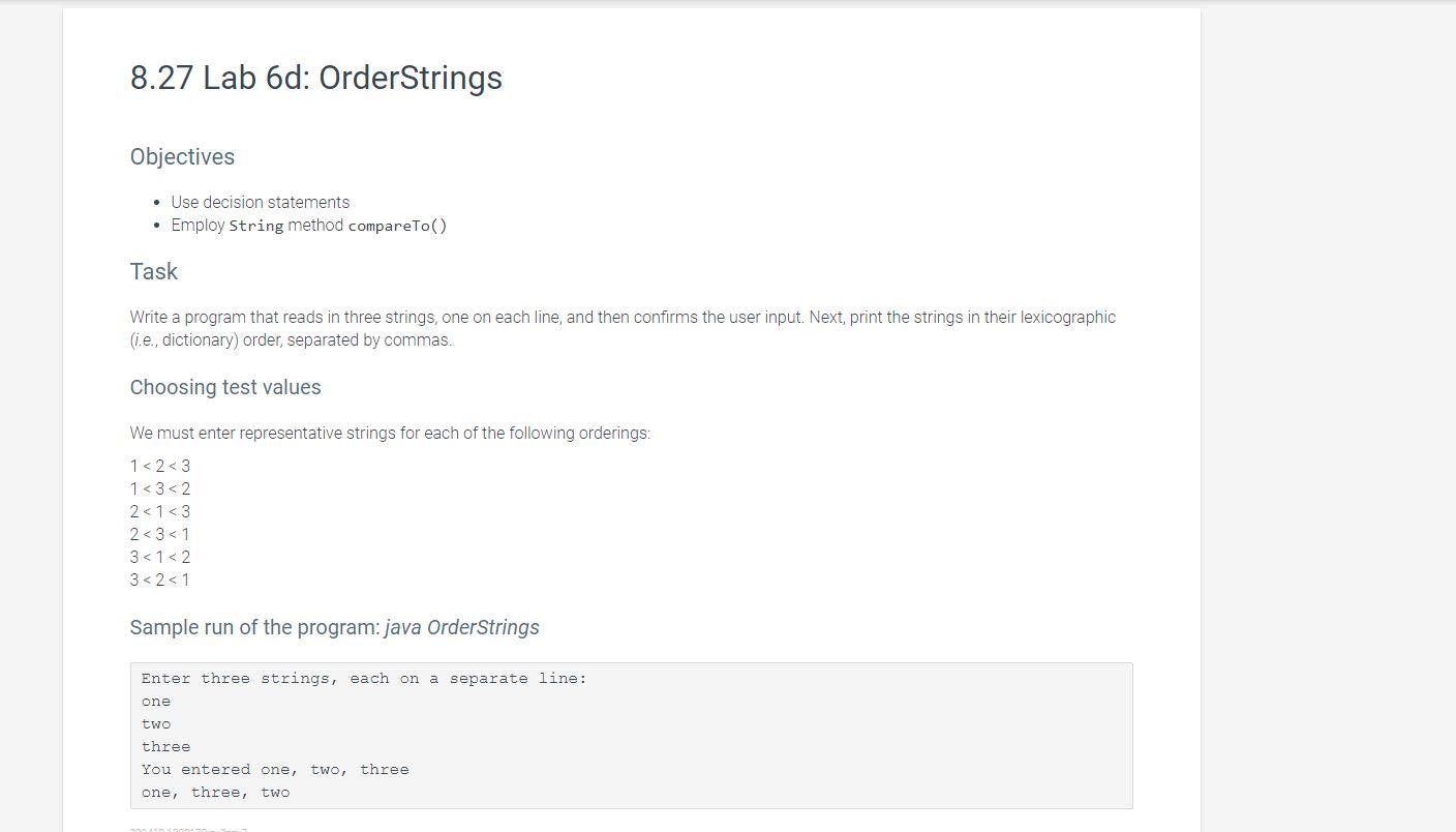 Solved 8.27 Lab 6d: OrderStrings Objectives • Use decision | Chegg.com