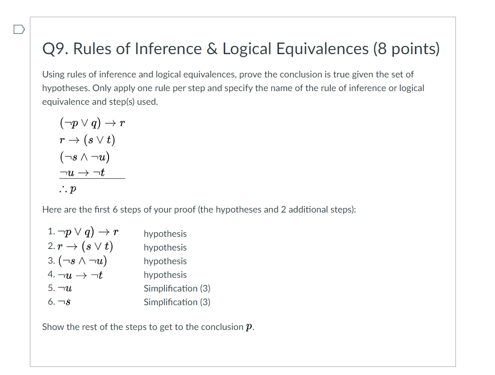 Solved Q9. Rules of Inference & Logical Equivalences (8 | Chegg.com