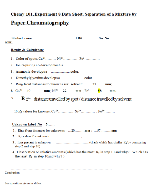 Solved Chemy 101, Experiment 8 Data Sheet, Separation of a | Chegg.com