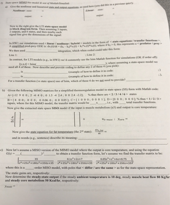 2) State-space MIMO bio-model & use of Matlab | Chegg.com