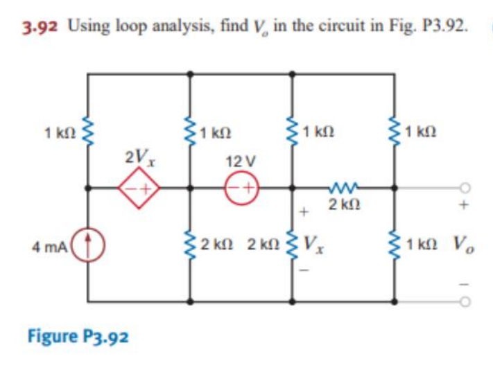 Solved 3.92 Using loop analysis, find Vo in the circuit in | Chegg.com