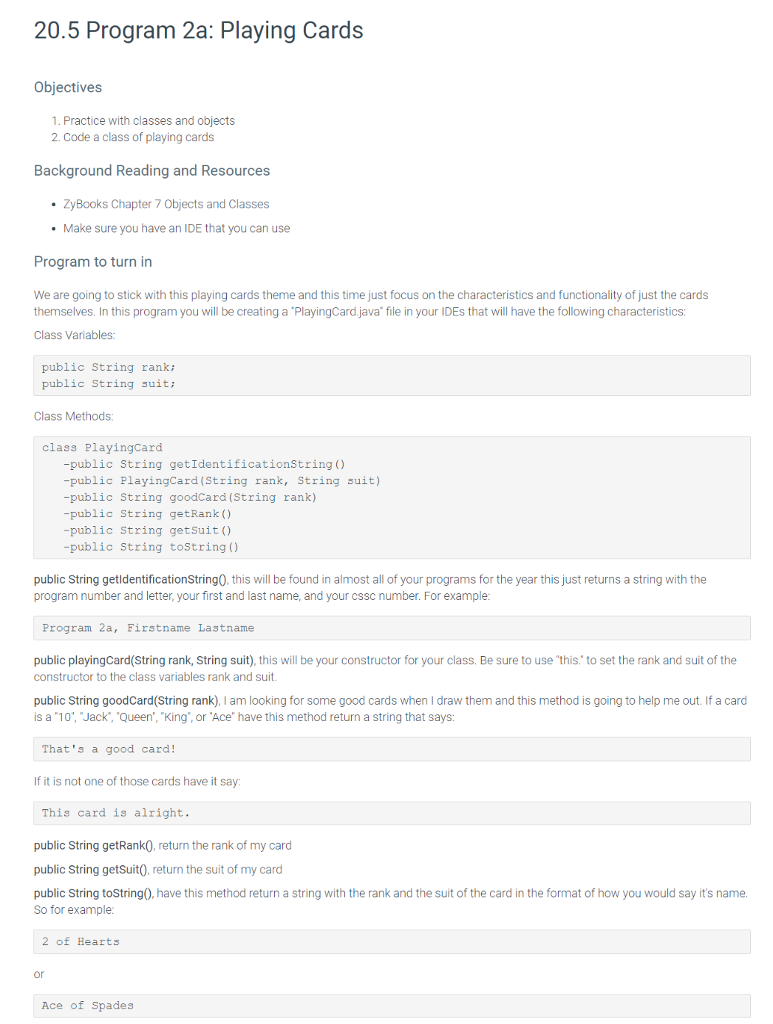 Solved 20.5 Program 2a: Playing Cards Objectives 1. Practice | Chegg.com