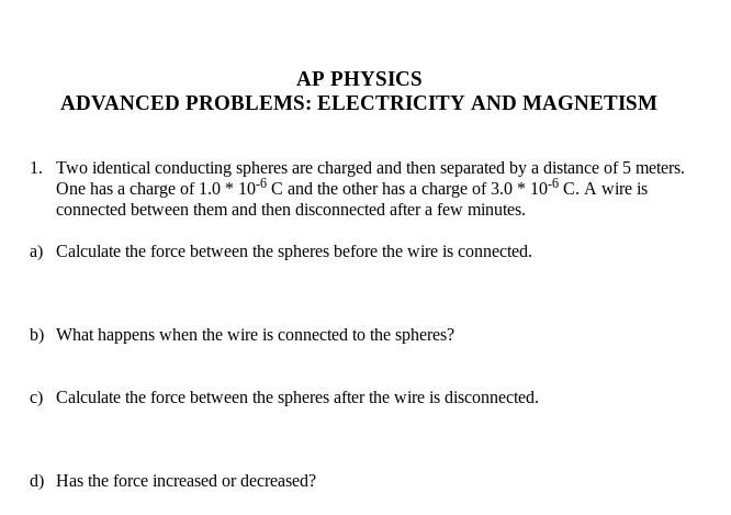 Solved AP PHYSICS ADVANCED PROBLEMS: ELECTRICITY AND | Chegg.com