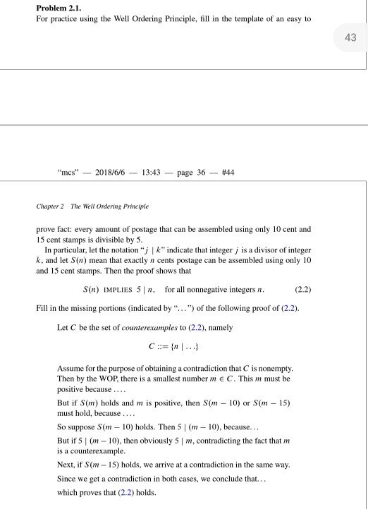 Solved Problem 2.1 For practice using the Well Ordering | Chegg.com