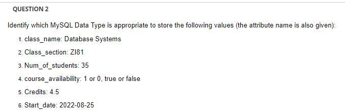 Solved Identify which MySQL Data Type is appropriate to | Chegg.com