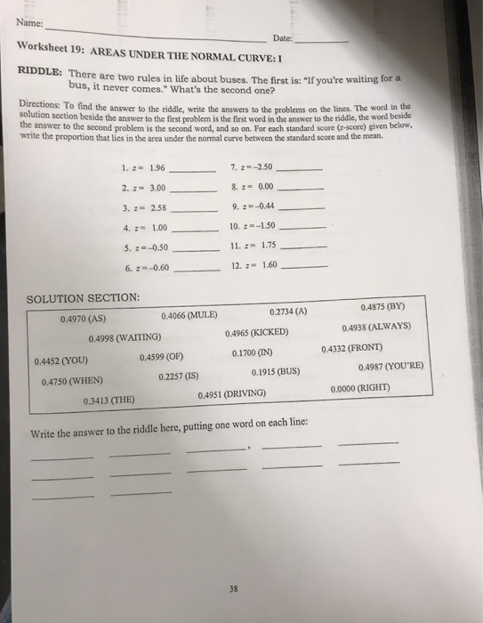 Solved Name: Worksheet 19: AREAS UNDER THE NORMAL CURVE: I | Chegg.com