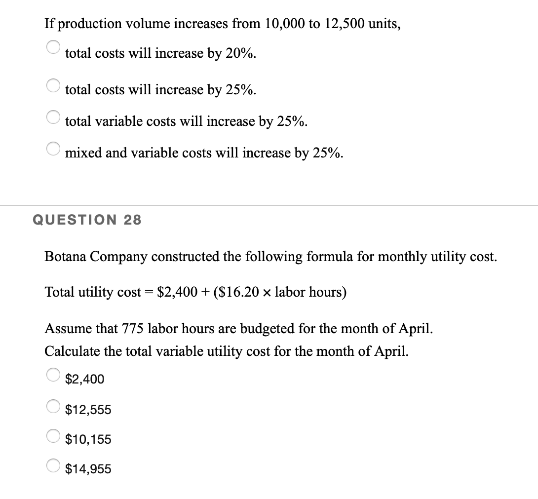 Solved If production volume increases from 10,000 to 12,500 | Chegg.com