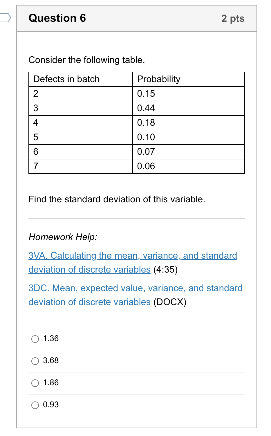 Solved Question 6 2 pts Consider the following table. | Chegg.com