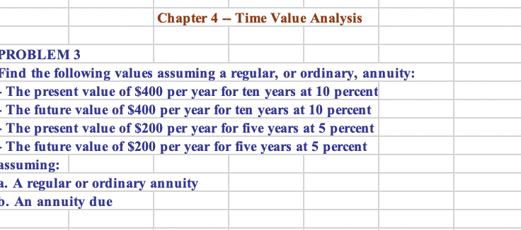 Solved Chapter 4 -- Time Value Analysis PROBLEM 3 Find the | Chegg.com