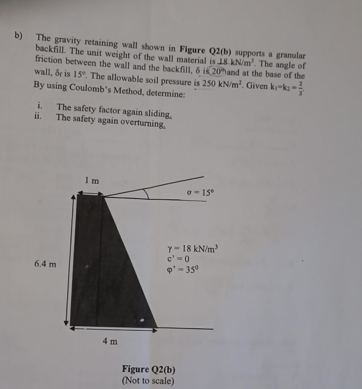 The gravity retaining wall shown in ﻿Figure Q2(b) | Chegg.com