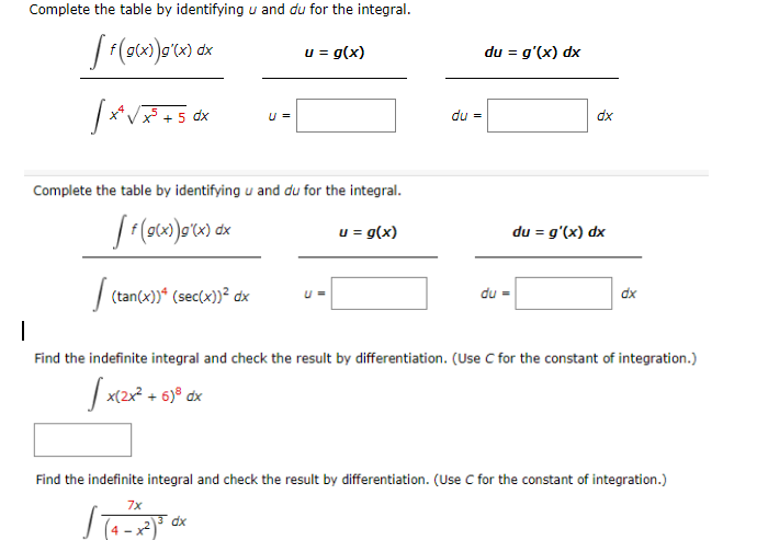 Solved Complete the table by identifying u and du for the | Chegg.com