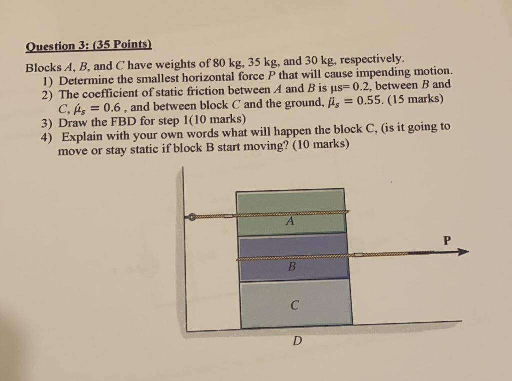 Solved Question 3: (35 Points) Blocks A, B, and C have | Chegg.com