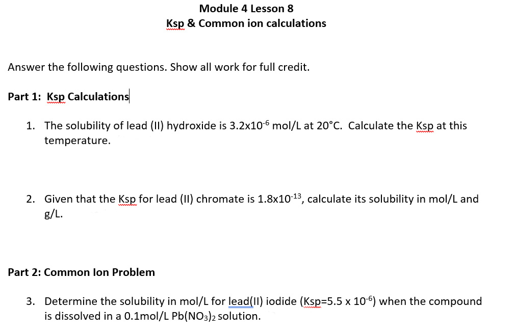 Solved Ksp \& Common ion calculations Answer the following | Chegg.com