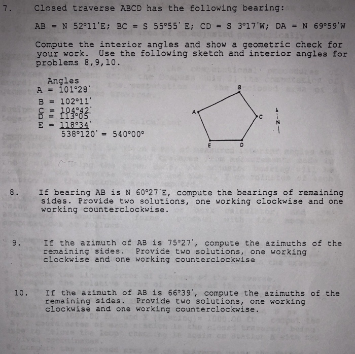 Solved Closed traverse ABCD has the following bearing: AB = | Chegg.com