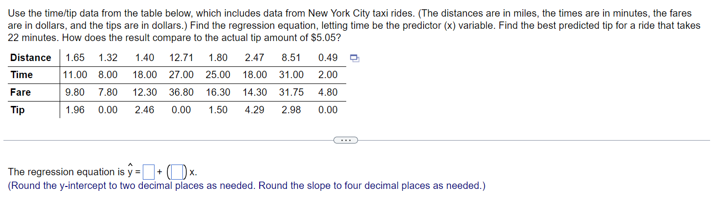 Solved Use the time/tip data from the table below, which | Chegg.com